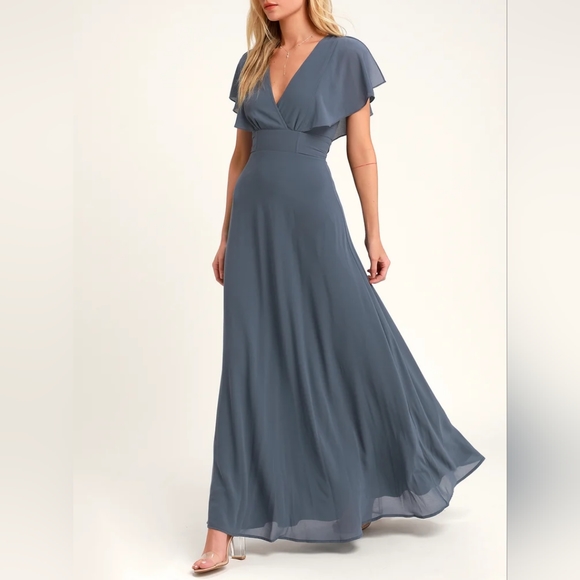 Lulus | Dresses | Nwt Lulus Dearly Loved Stone Gray Flutter Sleeve Maxi ...